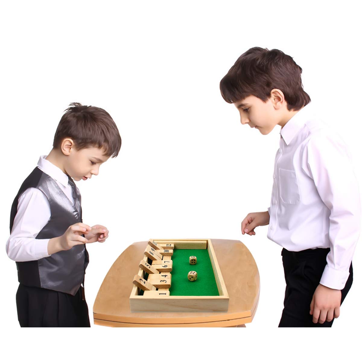 bouti1583 Shut The Box Game Wooden, Classic 12 Number Wooden Set with Dice, Green- Adults and Children