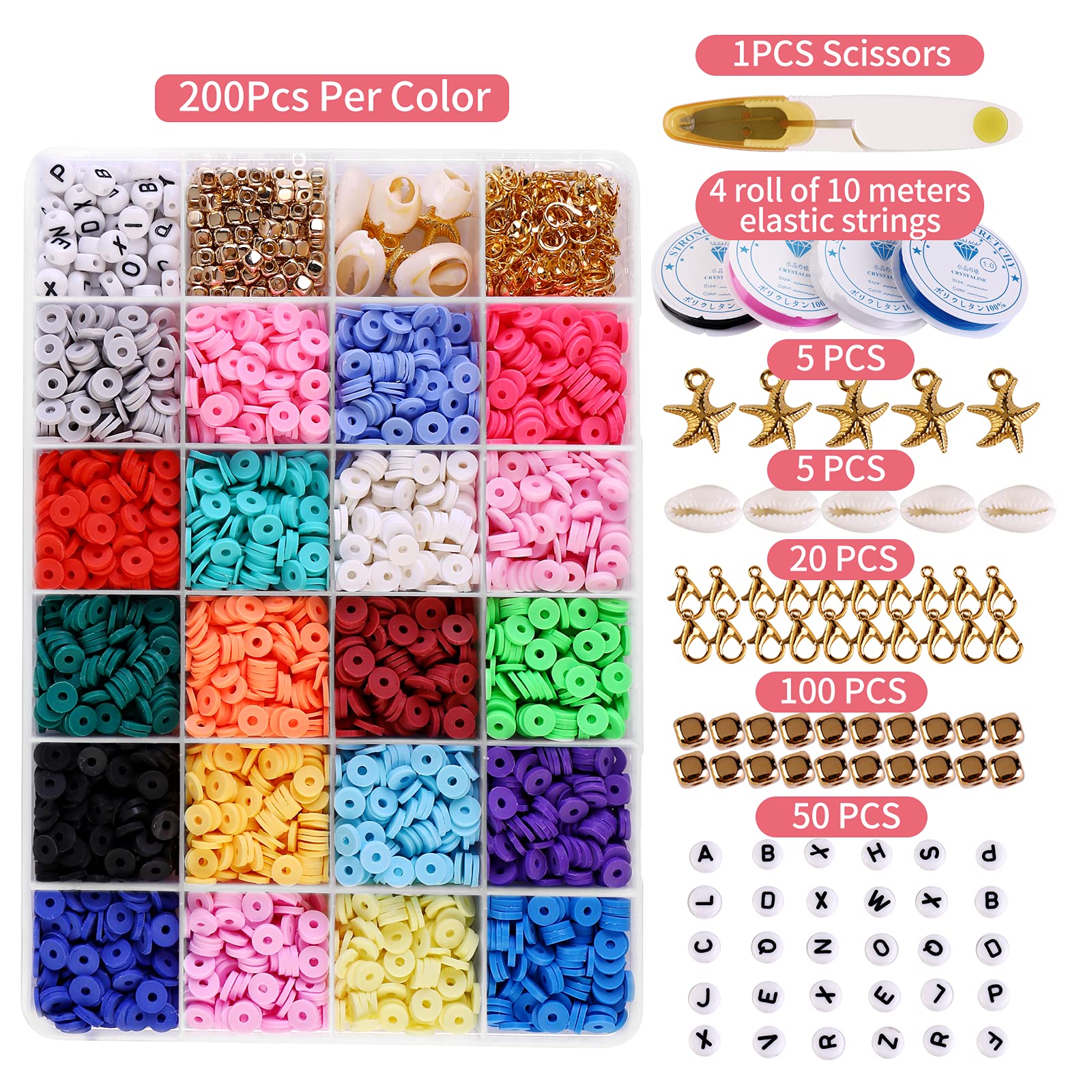4000 PCS 6MM Polymer Clay Fimo Rainbow Color Beads, Flat Disc Heishi Beads, Multicolor Polymer Beads with 4 Roll Elastic Thread and Pendant Charms Kit