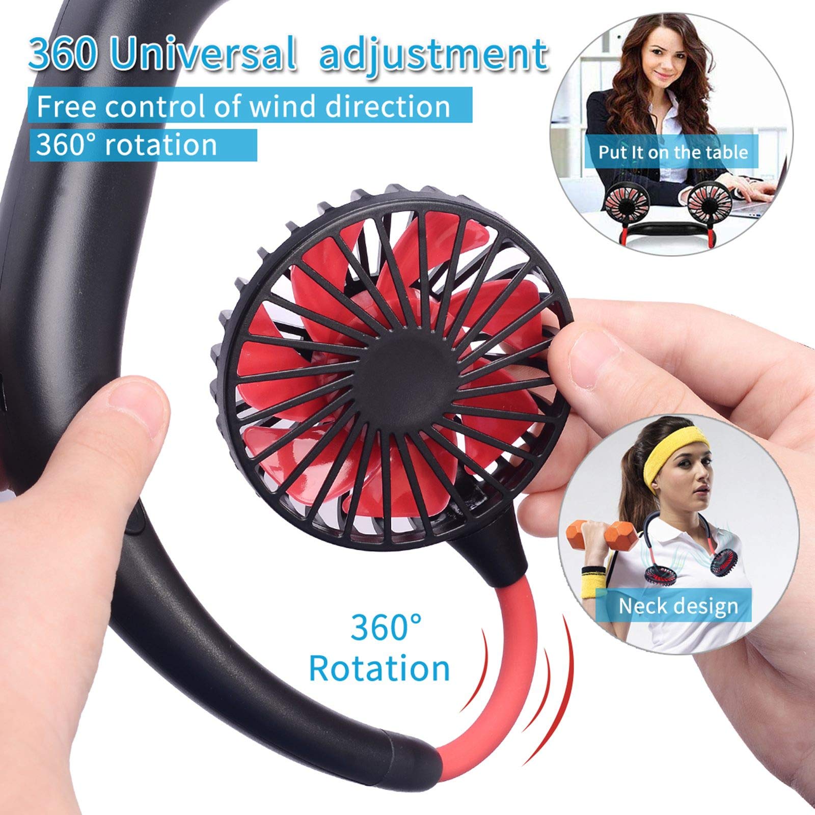 LUCKY CUP Neck Fan Portable, 2 Pack Mini Personal Battery Powered Hand Held Fan Cooler 360 Degree Free Rotation for Outdoor Traveling, Sports, Office, Reading