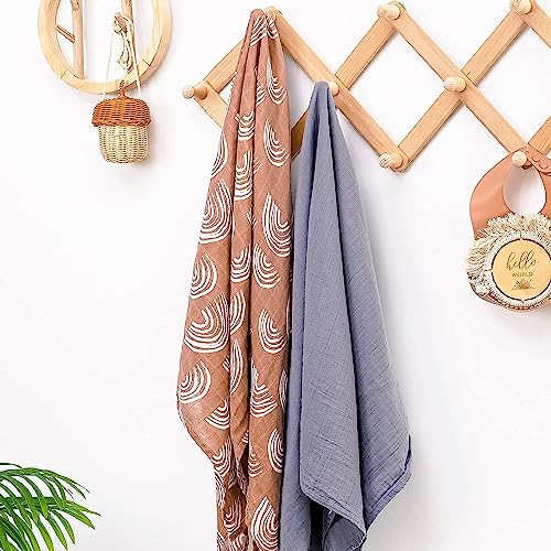 BabyWhale Muslin Swaddle Blanket, Boho Brown Rainbow Pattern Swaddle and Solid Color Swaddle for Newborn Baby Boys & Girls, Unisex Silky Soft Breathable Receiving Swaddle Wrap, 47x47 inches, 2 Pack