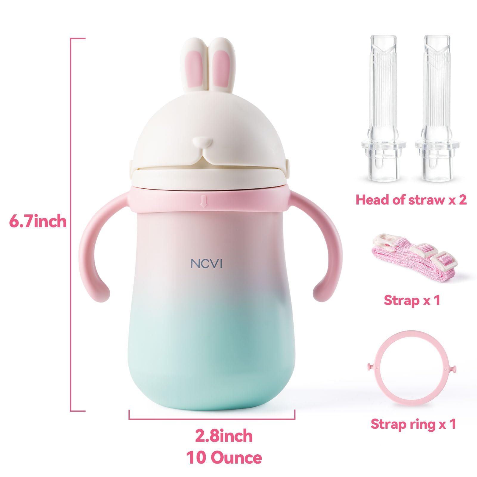 NCVI Weighted Straw Sippy Cup Spill Proof Stainless Steel, Kids Toddler Thermal Cup with Removable Handle and Replacement Head Straw Perfect for 2 Years Old, 10oz (Pink Bunny)