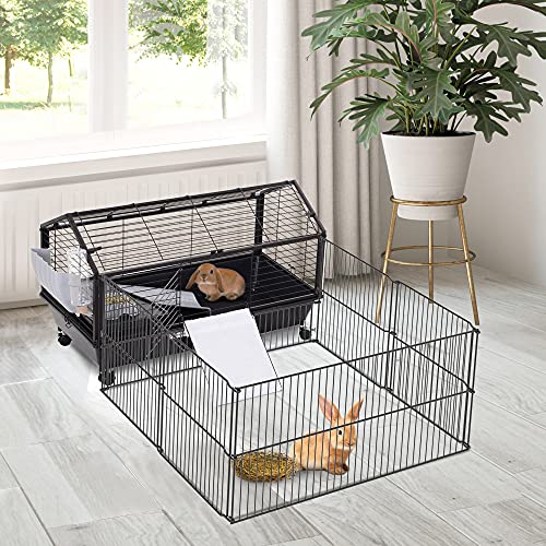 PawHut 2-Level Rolling Small Animal Playpen & Cage, Foldable Small Rabbit Fence, Guinea Pig House, Hedgehog Cage, Water Bottle, Water Bowl, Pet Exercise Pen, 35" L