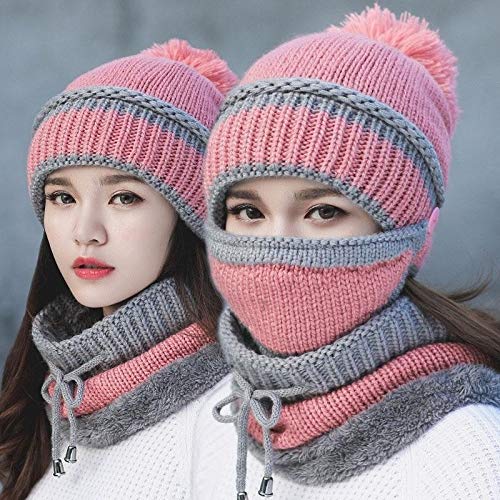 3pcs/Set Fashion Women Winter Knitted Hat Thickened Woolen Cap with Warm Mask and Neck Scarf ((Pink)