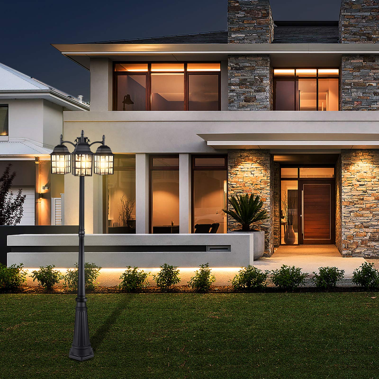 3-Head Outdoor Lamp Post Light Fixture, Dusk to Dawn Aluminum Post Lights Hard Wired, Sensor Pole Lights for Yard, Street Light Posts for outside with Water Ripple Glass Shade, E26 Base