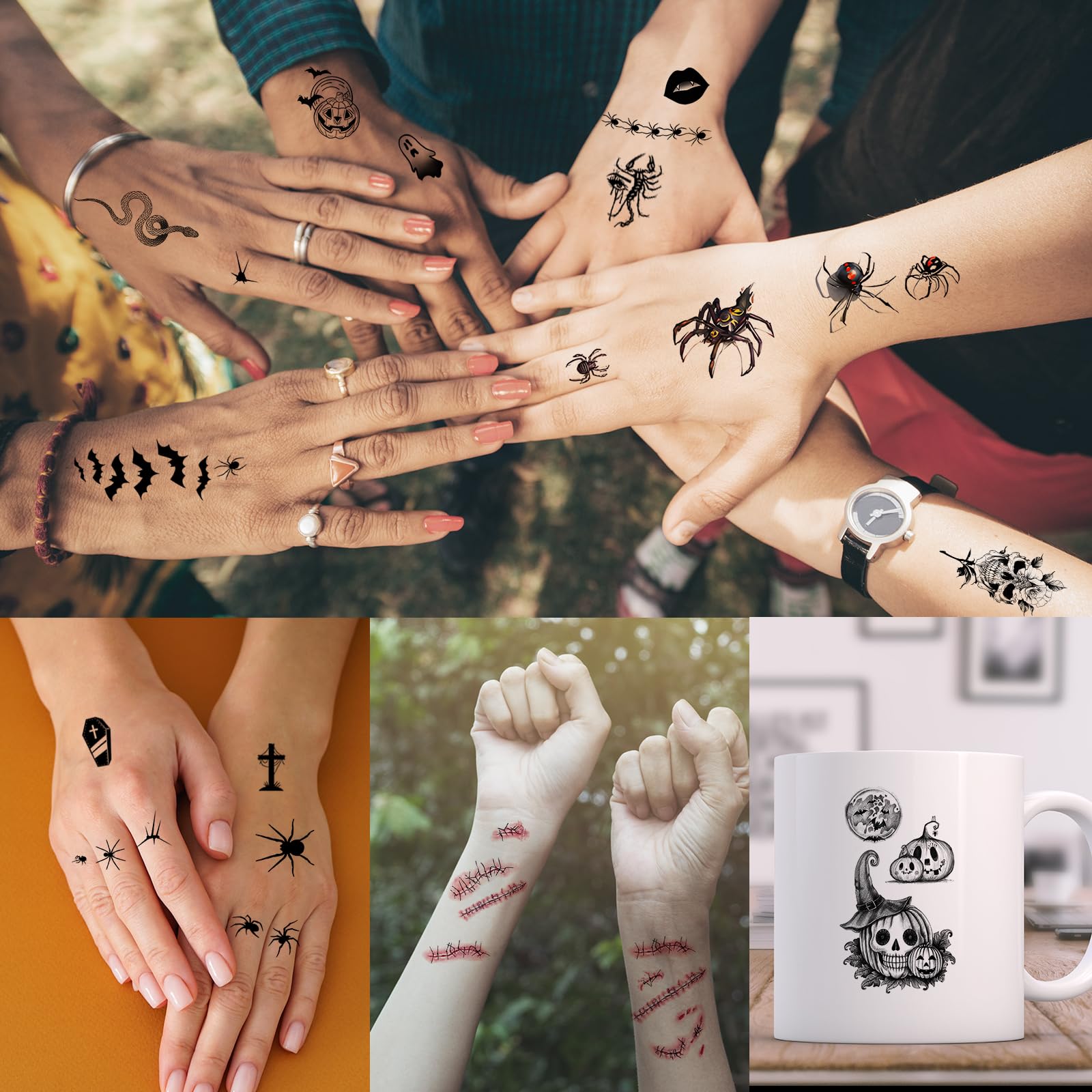 52 Sheets Black Temporary Tattoos for Kids Men and Women, Include 10 Sheets Large Half Arm Sleeve Fake Tattoos, 200+ PCS Spider Scorpion Snake Tiger Lion Skull Bat Vampire Scar Fake Tattoo Sticker