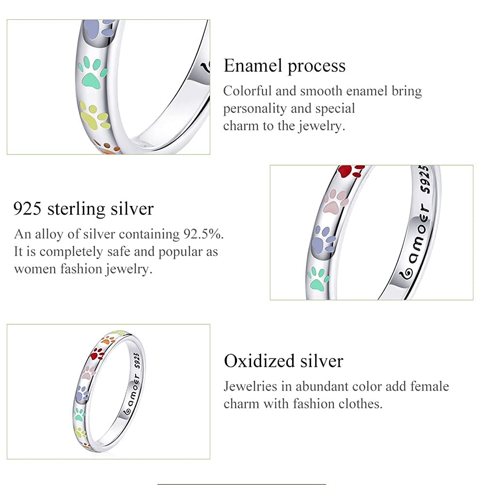 BISAER S925 Sterling Silver Puppy Dog Cat Paw Ring, Multicolor Pet Print Enamel Ring for Women 3-3.4mm