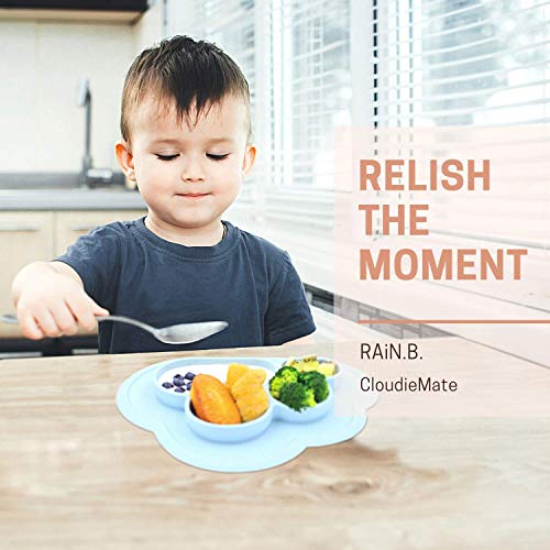RAiN.B. CloudieMate Silicone Suction Plate with Built-in Placemat for Babies & Toddlers, Microwave Dishwasher Safe, Non-Slip Divided Plate with 4 Sections, BPA Free Food Grade Silicone /Glacier Blue