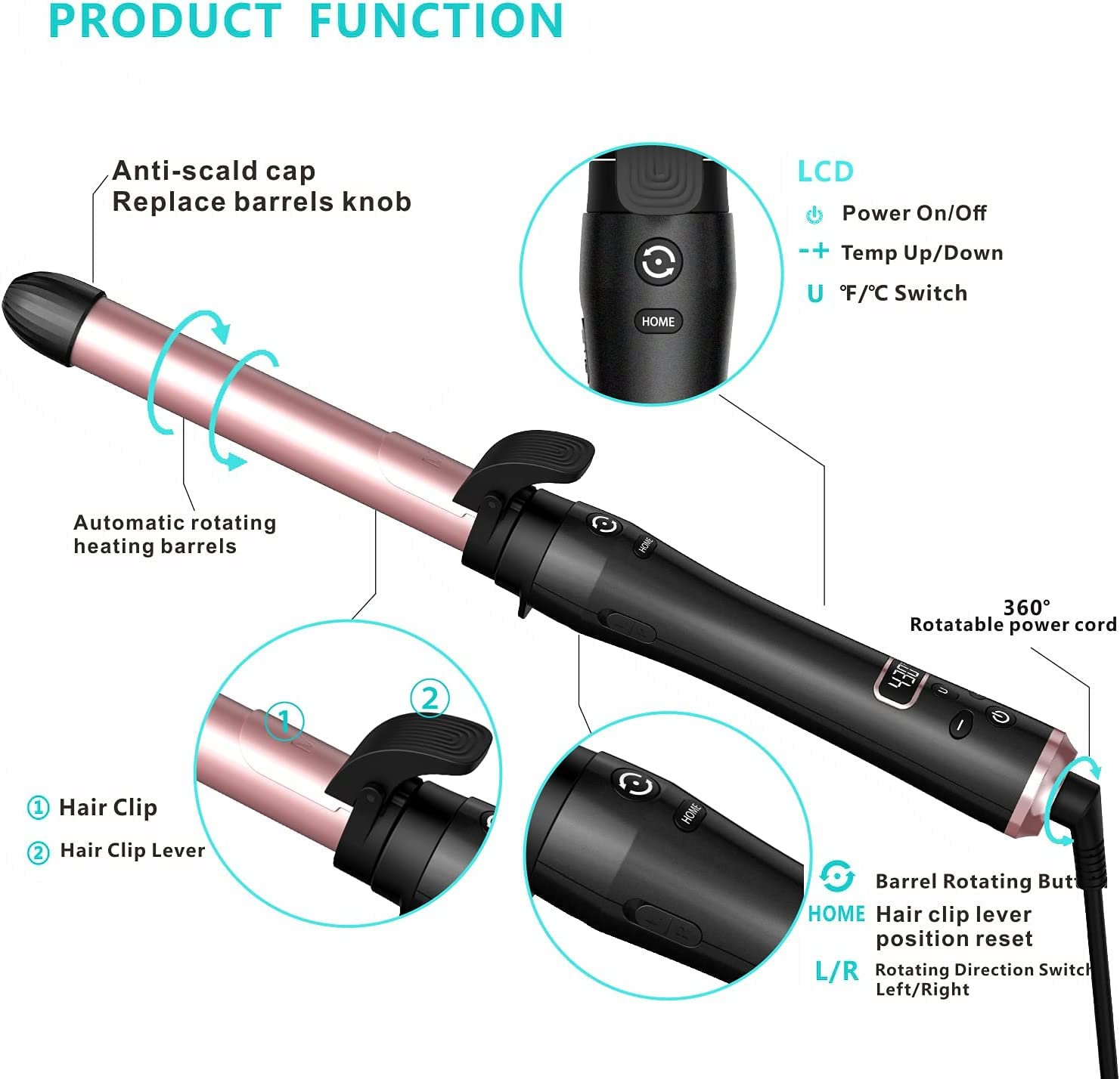 3-in-1 Automatic Curling Iron,Rotating Hair Styling Curler with LCD Temperature Display,with 3 Interchangeable Tourmaline Ceramic Tubes(3/4, 1", 1.25") Switch at Will for Instant Heat
