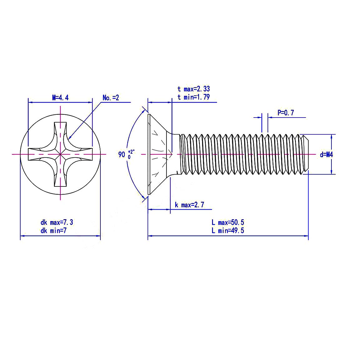 Xiaoyztan M4x50mm Phillips Countersunk Head Machine Screws Stainless Steel 304 Full Thread Metric Standard Mounting Hardware Fasterning Accessories, Pack of 50