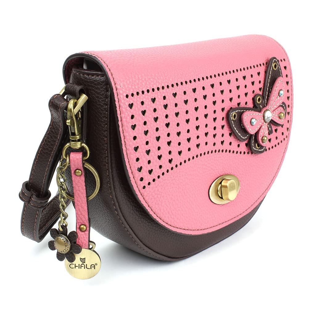 Chala Half Moon Organizer Crossbody Cell Phone Purse-Women Faux Leather Multicolor Handbag with Adjustable Strap - Butterfly Pink