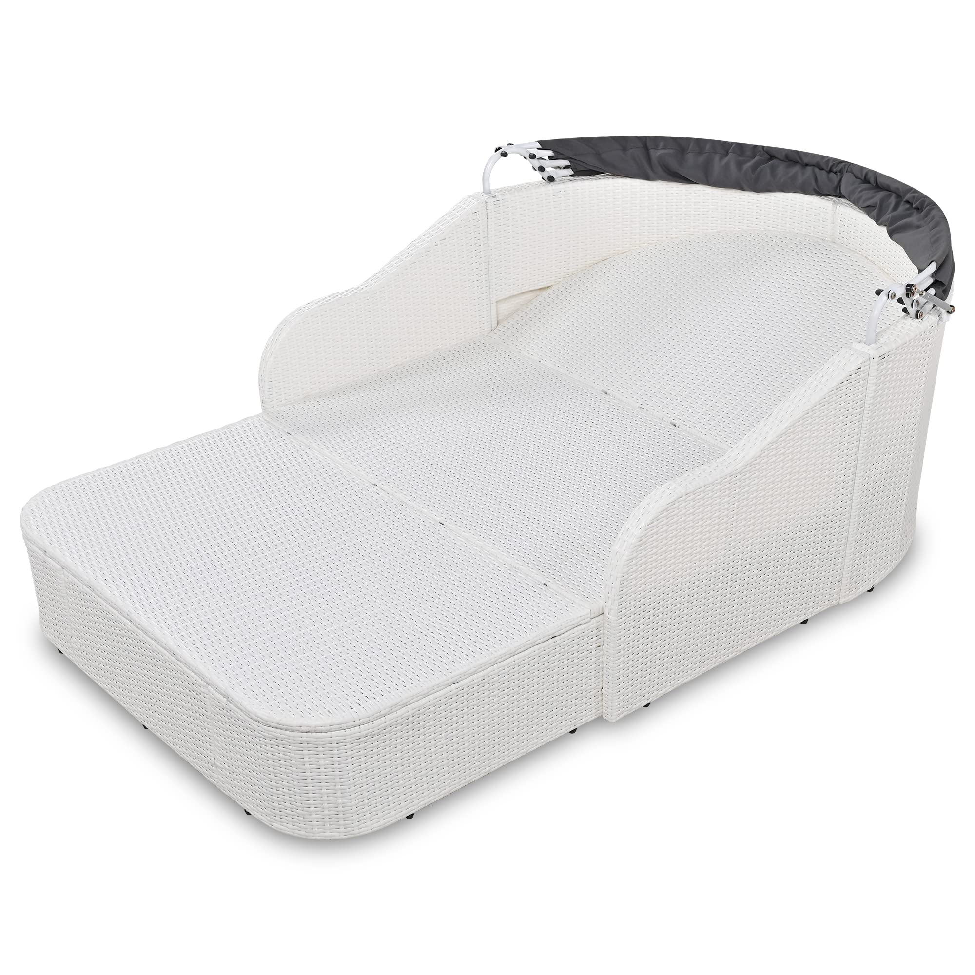 79.9" Outdoor sunbed with Adjustable Canopy, Double Lounge, PE Rattan daybed, Grey Wicker & Cushions (White+Grey+Wicker)