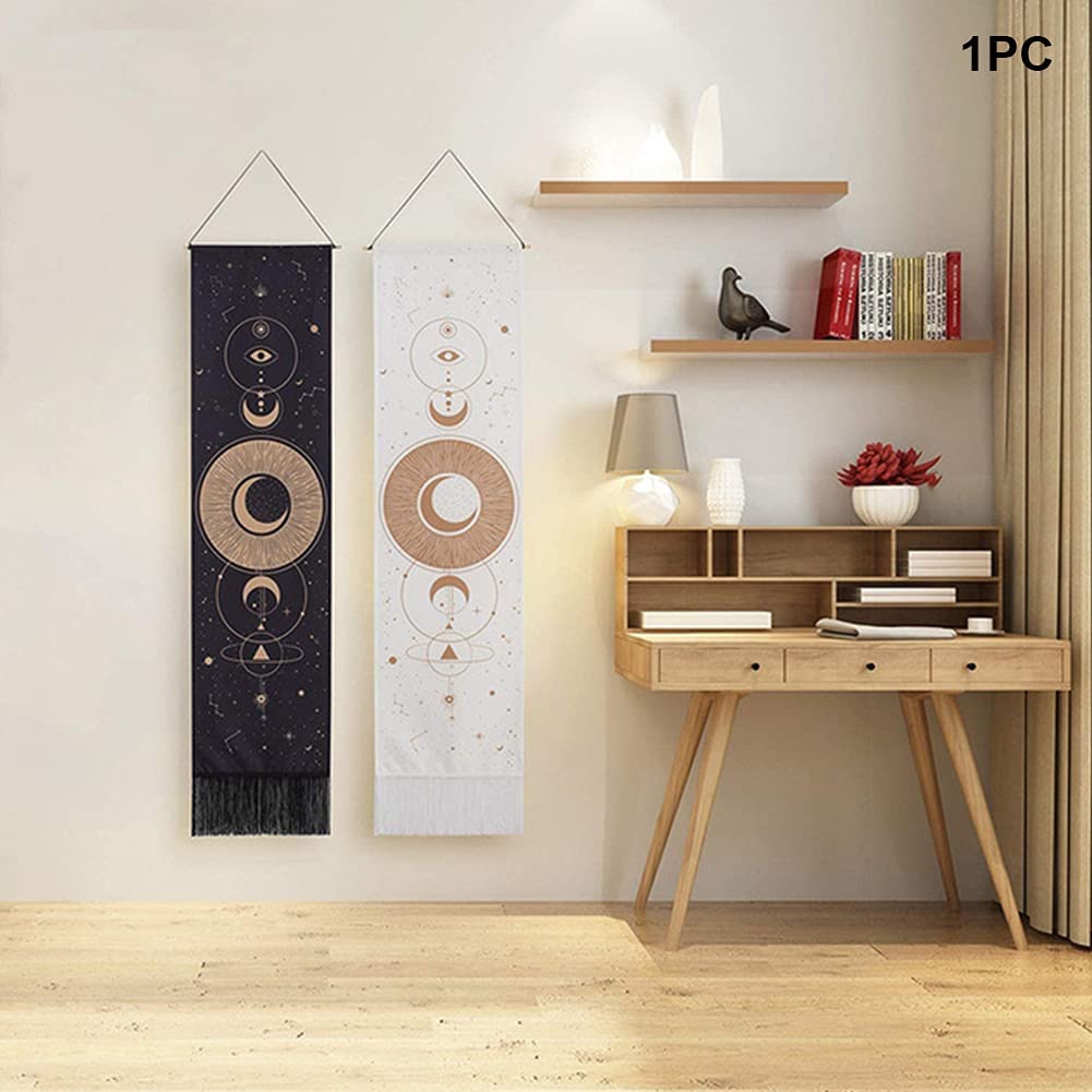 CALIDAKA Moon Phase Tapestry,Moon Stars Tapestry,Starry Sky Tapestry,Moonlit Garden Tapestry,Linen,Modern Home Decor(White)