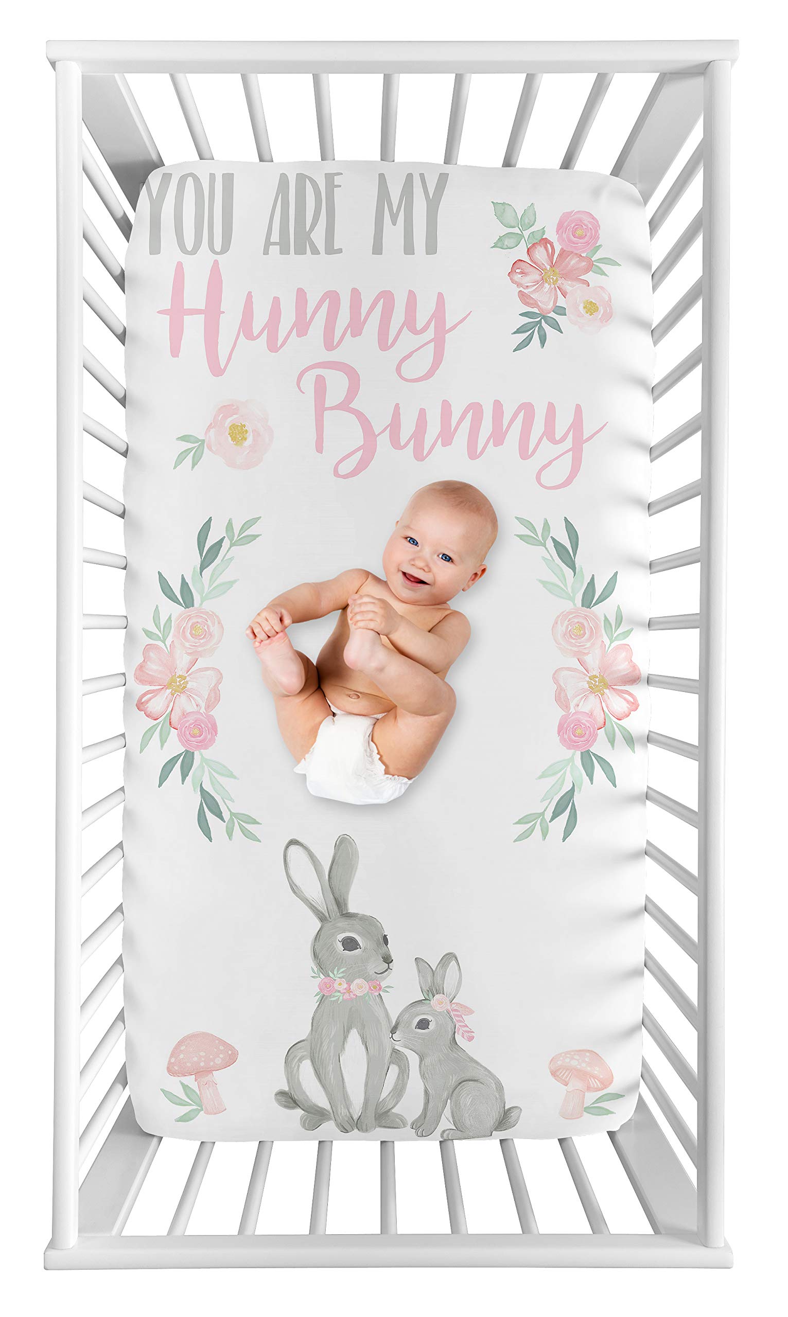 Sweet Jojo Designs Woodland Bunny Floral Girl Fitted Crib Sheet Baby or Toddler Bed Nursery Photo Op - Blush Pink and Grey Boho Watercolor Rose Flower Forest