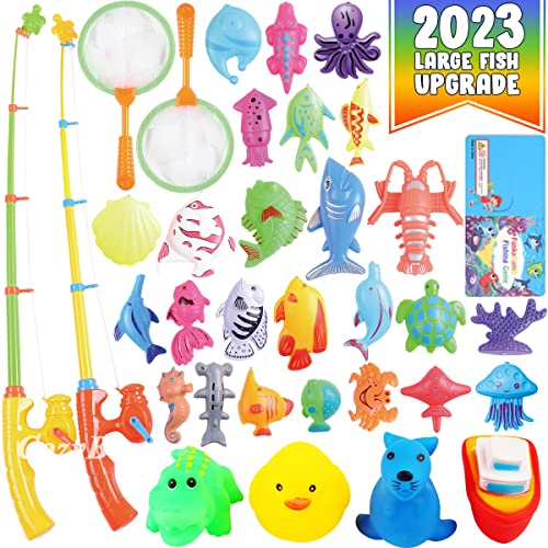 CozyBomB Magnetic Fishing Game for Kids - Bath Pool Toys Set for Water Table Learning Education Fishin for Bathtub Fun with 4 Squeak Rubber Animal and Boat, Poles Rod Net Fishes for Kids Age (Green)