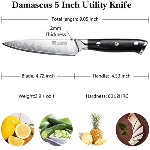 PAUDIN Utility Knife, 5'' Paring Knife, Damascus Kitchen Knife, 67-Layer Forged Blade Ultra Sharp Edge, Stainless Steel Knife, Full Tang G10 Handle with Triple Rivets, for Cutting Fruit and Vegetables