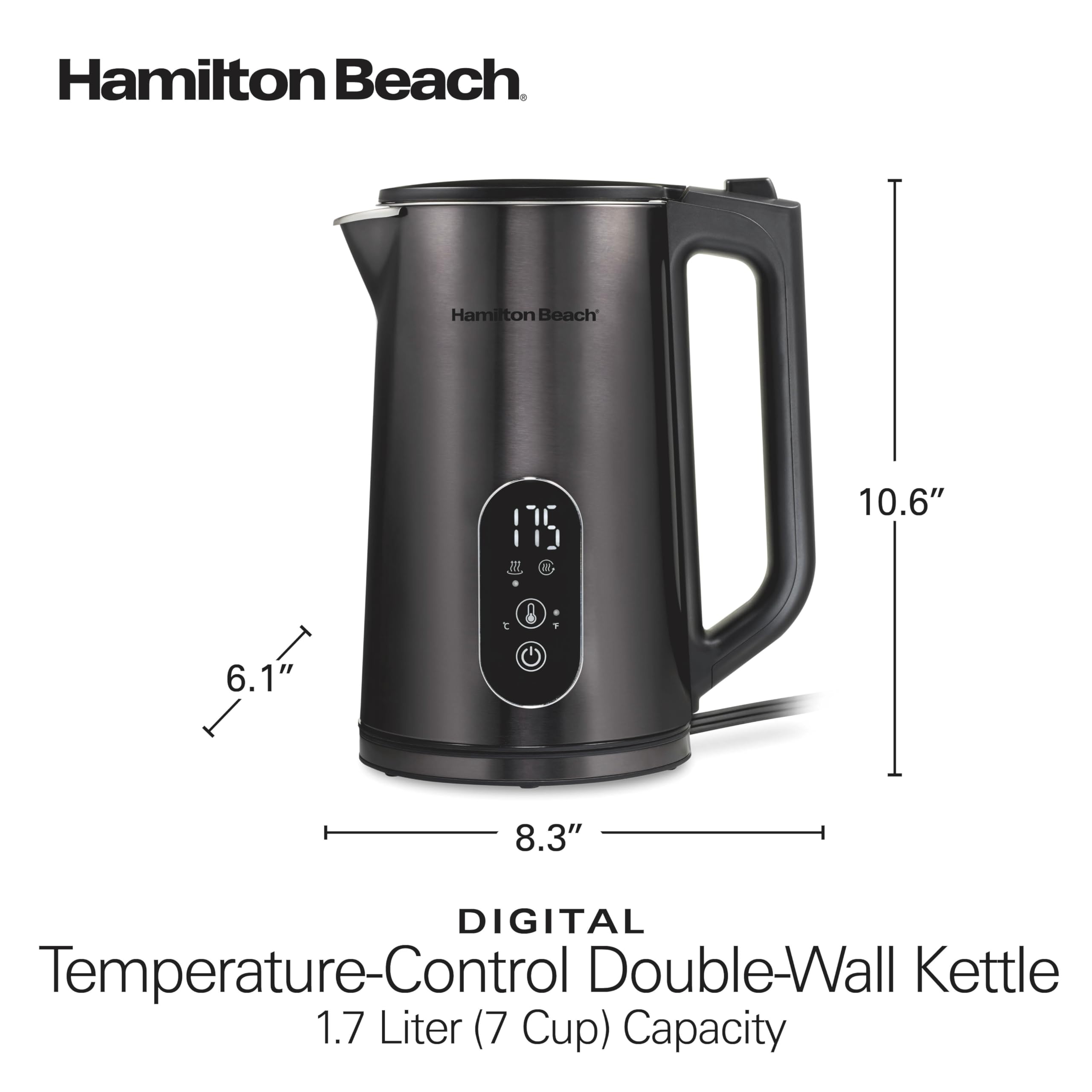 Hamilton Beach Digital Temperature Control Electric Tea Kettle, Hot Water Boiler & Heater 1.7L, 5 Preset Modes + Keep Warm, Fast Boil 1500 Watts, BPA Free, Double Wall Construction, Black (40851)