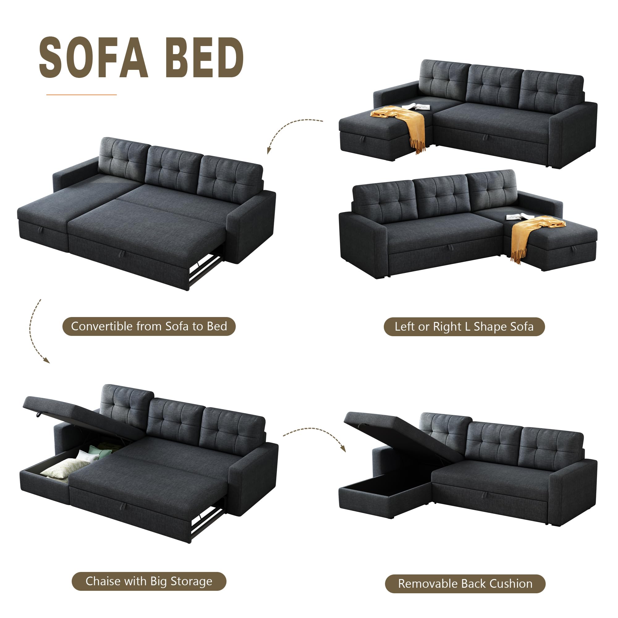 Acosure 82'' L-Shape Convertible Sleeper Sectional Sofa with Storage Chaise and Pull-Out Bed, Linen Upholstered Reversible Corner 3 Person Couch, for Living Room, Apartment