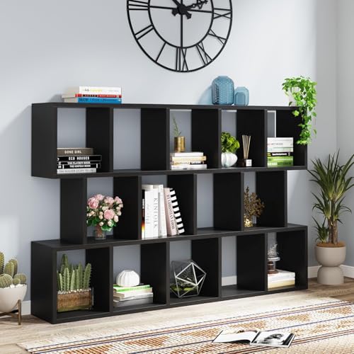 LITTLE TREE 14-Cube Bookshelf, 5-Tier Bookcase with Open Shelves, Retro Wood Storage Organizer Display Shelf, Horizontal/Vertical Storage Shelving Unit for Bedroom, Living Room, Office, Black