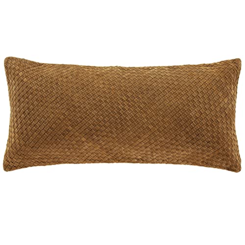 Paseo Road by HiEnd Accents | Woven Suede Leather Lumbar Pillow, Solid Brown Color, 14x30 inch, Western Rustic Style Accent Throw Pillow