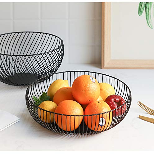 Cq acrylic Metal Wire Fruit Basket,Large Round Storage Baskets for Bread,Metal Wire Bread Fruit Bowl Vegetable Stand Holder for Snacks,Modern Fruit Bowl Decorate Kitchen Counter,Black