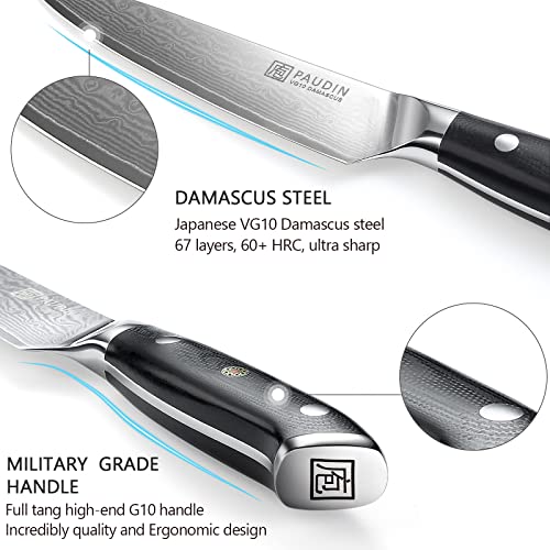 PAUDIN Utility Knife, 5'' Paring Knife, Damascus Kitchen Knife, 67-Layer Forged Blade Ultra Sharp Edge, Stainless Steel Knife, Full Tang G10 Handle with Triple Rivets, for Cutting Fruit and Vegetables