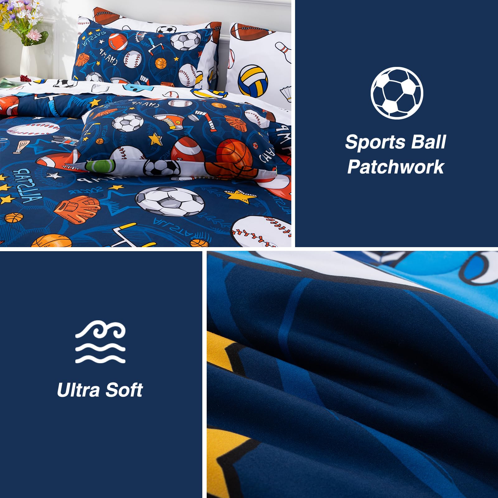 A Nice Night 6Pcs Bed in A Bag Full Sports Microfiber Modern Comforter Set,Navy Rugby Ball Printed Bedding Collections,for Boys Kids Teen
