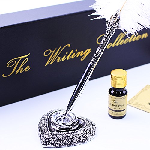Featty Gifts Natural White Ostrich Plume Dip Quill Pen Set,Retro Crown Penholder and Crave Pattern Penstand Stem,Writing Feather Pen for Party