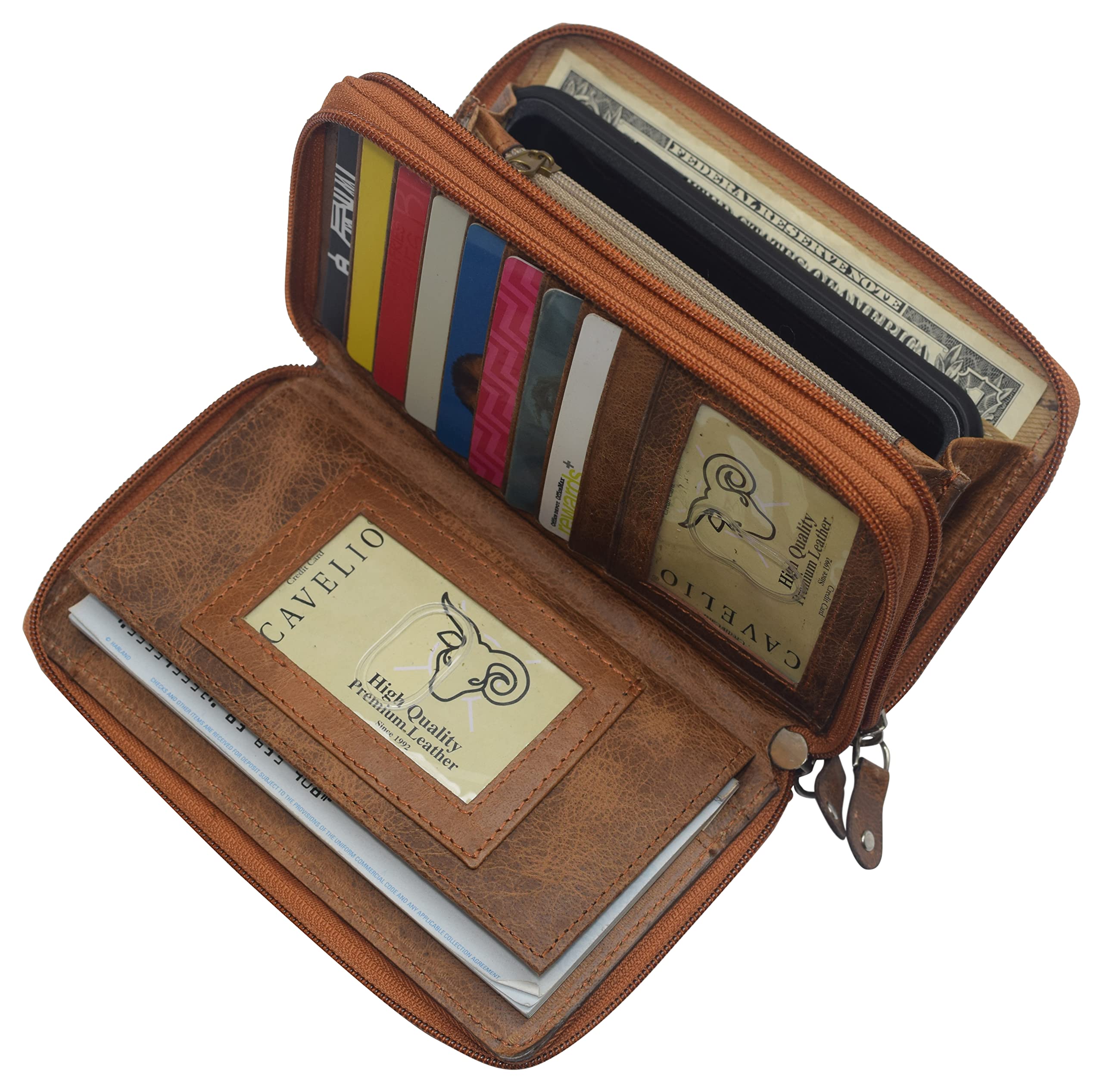 Cavelio Leather Wallets for Women RFID Blocking Double Zip Around Credit Card Holder Phone Clutch (Tan)