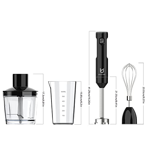Cordless Hand Blender, UTALENT Variable Speed Immersion Blender Rechargeable, with Fast Charger, 500ml Chopper, 600ml container, Egg Whisk, for Smoothies, Baby Food and Soups β Black
