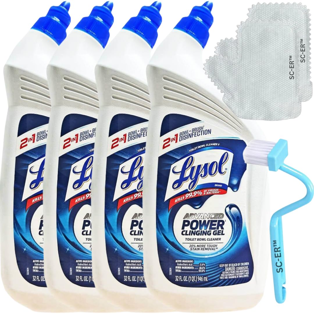 4PK Lysol®' Power Clinging Gel Toilet Bowl Cleaner ADVANCED 32FL Oz EACH - 128FL Oz TOTAL + 2pk Microfiber Cleaning & Dust Removal Gloves + 1 Plastic V-Type Toilet Brush
