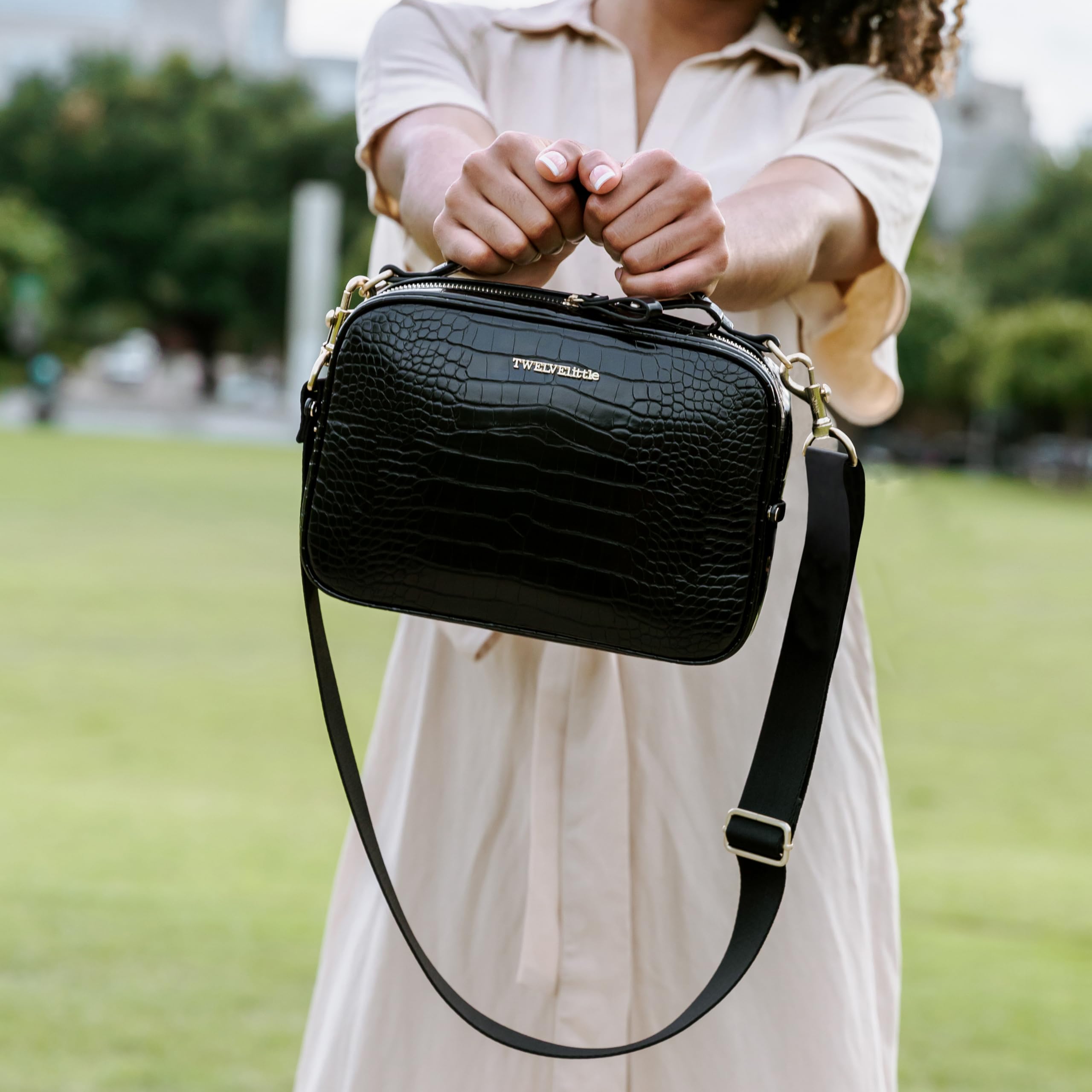 TWELVElittle Luxe Diaper Clutch - Crossbody Diaper Bag includes Portable Changing Pad, Zip Out Pouch organizer and Wipes Case Black Croc
