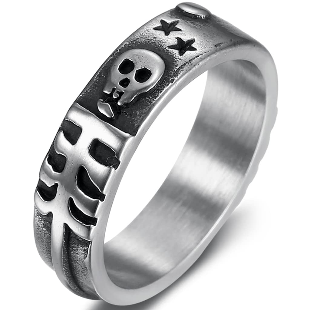 7mm Stainless Steel Retro Vintage Skull Skeleton Biker Halloween Band Statement Cocktail Party Ring (Silver, 12)