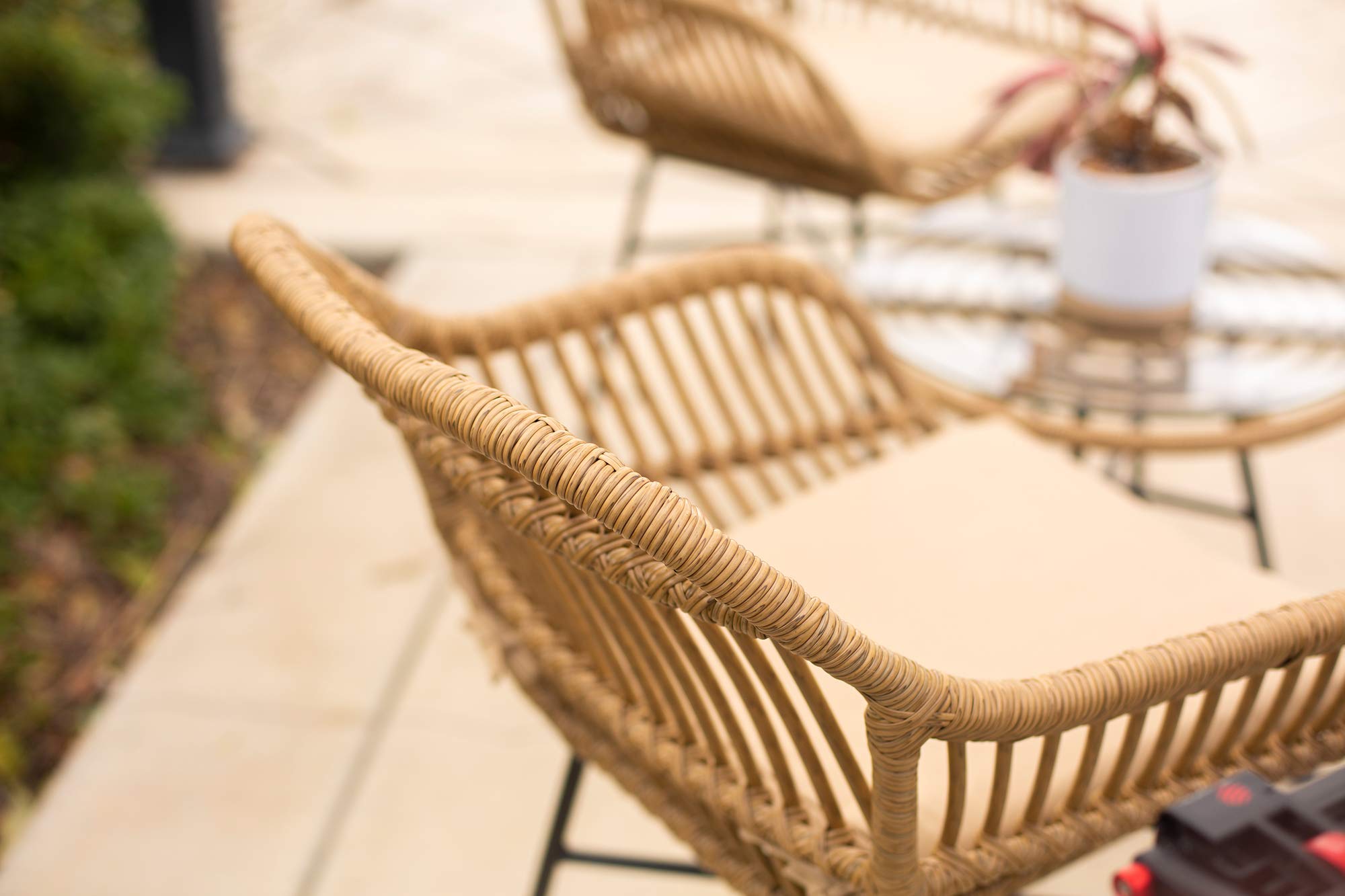 Barton 3pcs Outdoor Bistro Chat Set Patio Conversation Wicker Chairs Glass Table with Seat Cushions, Beige