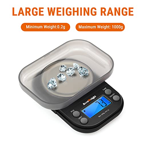 AccuWeight Gram Scale with 1000g/0.1g High Precision Mini Coffee Scale for Weed Jewelry Scale with 6 Units, Tare, Calibration PCS Function and Backlit