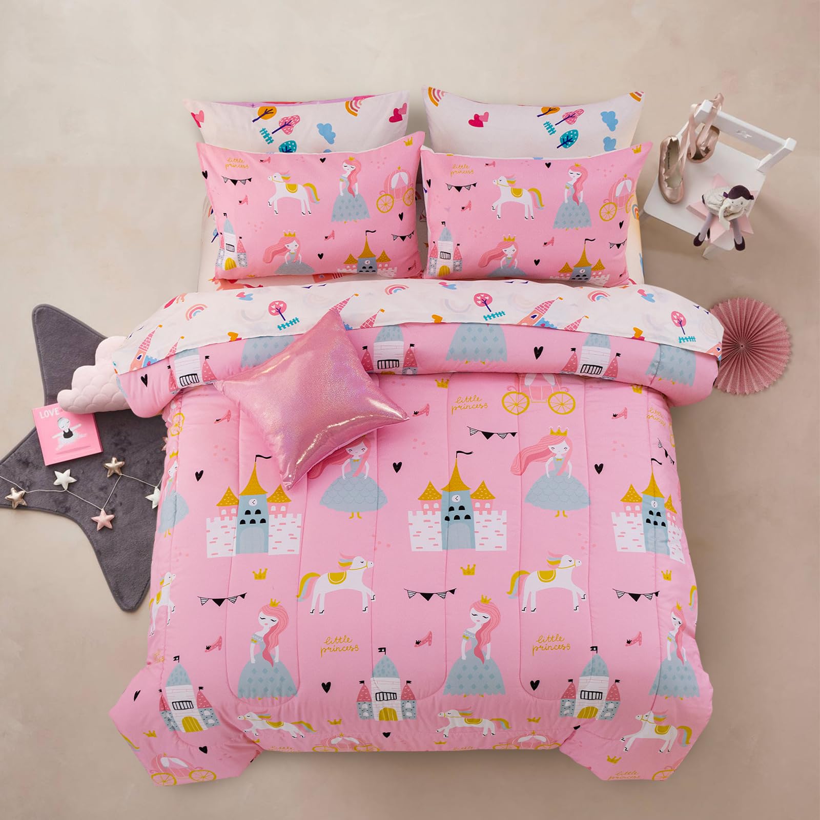 A Nice Night Pink Princess Comforter Set,Bed in A Bag Twin Size 6 Piece Princess Tales Castle Carriage Bedding Set for Girl,Kids