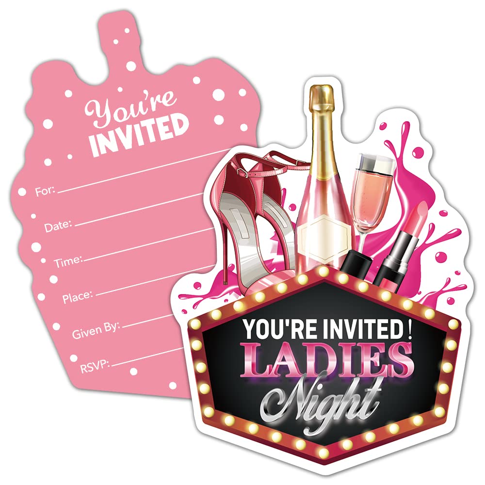 RZHV 15 Pack Pink High Heels & Champagne Shaped Fill-In Invitations Cards With Envelopes for Woman, Funny Birthday Party Mardi Gras New Year Party Costume Party Invite(Ladies Night)