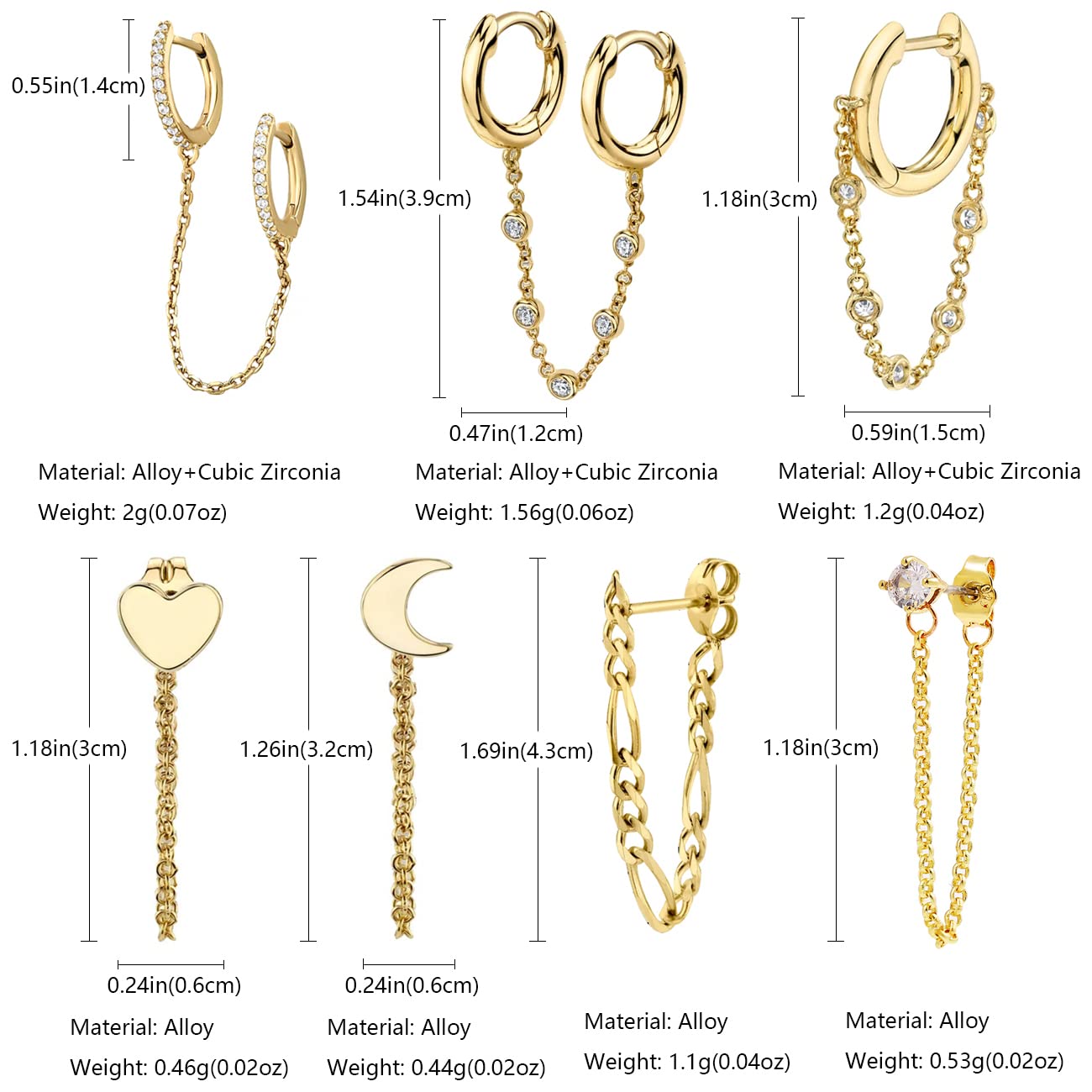 7Pcs Chain Hoop Earrings Chain Stud Earrings Set Gold Plated Dainty Double Piercing Earrings Tassel Chain Drop Dangle Huggie Hoop Earrings for Women
