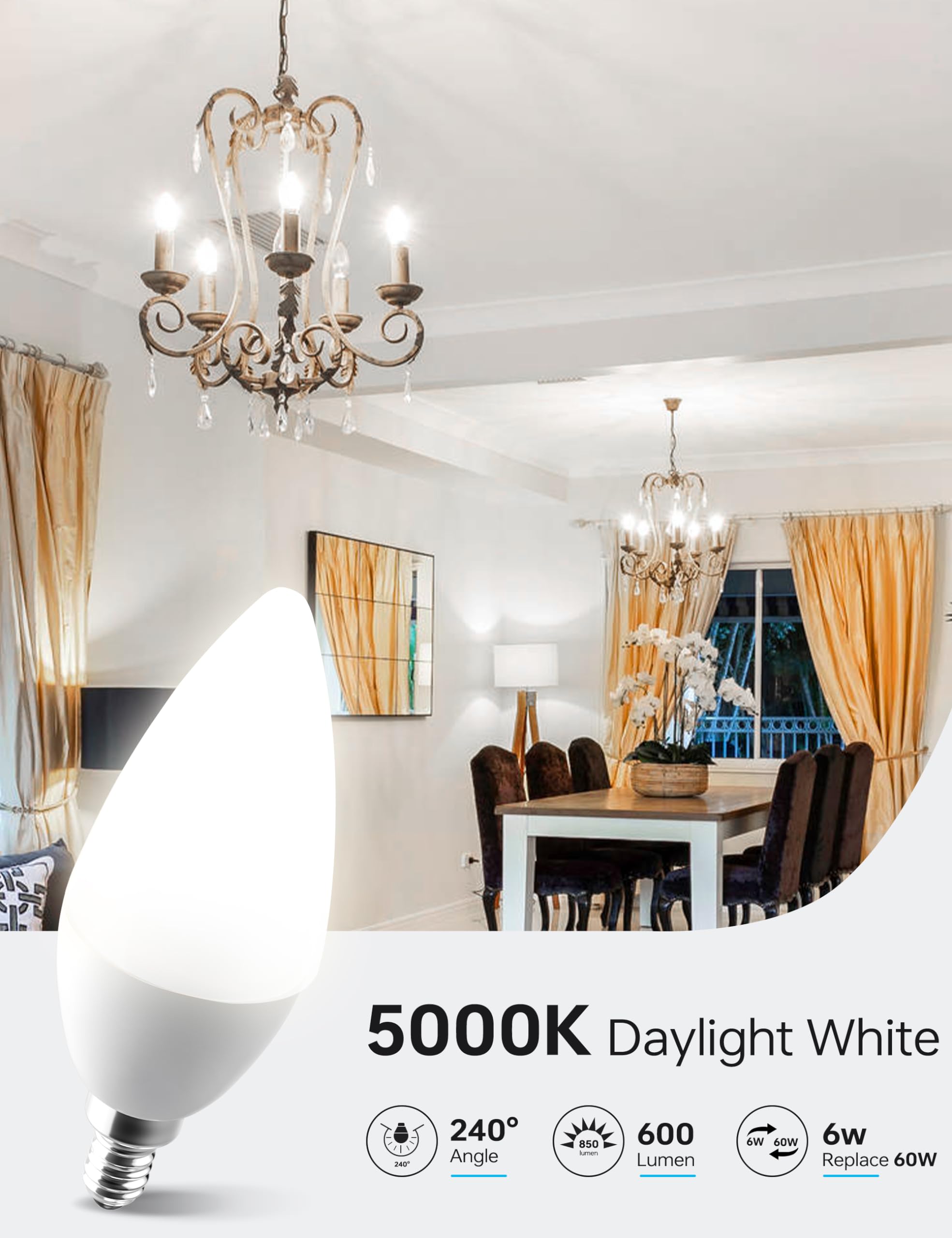 KINDEEP LED Candelabra Light Bulbs Dimmable 60 Watt Equivalent, Daylight 5000K, 600LM, E12 Candle Bulb Base 6W Ceiling Fan Lightbulbs Type B Bulb for Chandelier, Wall Sconces, 6 Pack