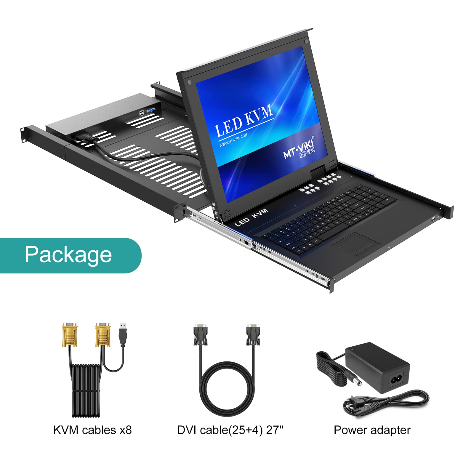MT-Viki Rack KVM Switch VGA 8 Port w/17'' LCD Monitor, LCD KVM Console Fit 1U 19'' Rack, Support OSD/Hotkey, Integrated with Keyboard+Touch pad+Drawer+8 KVM Cables