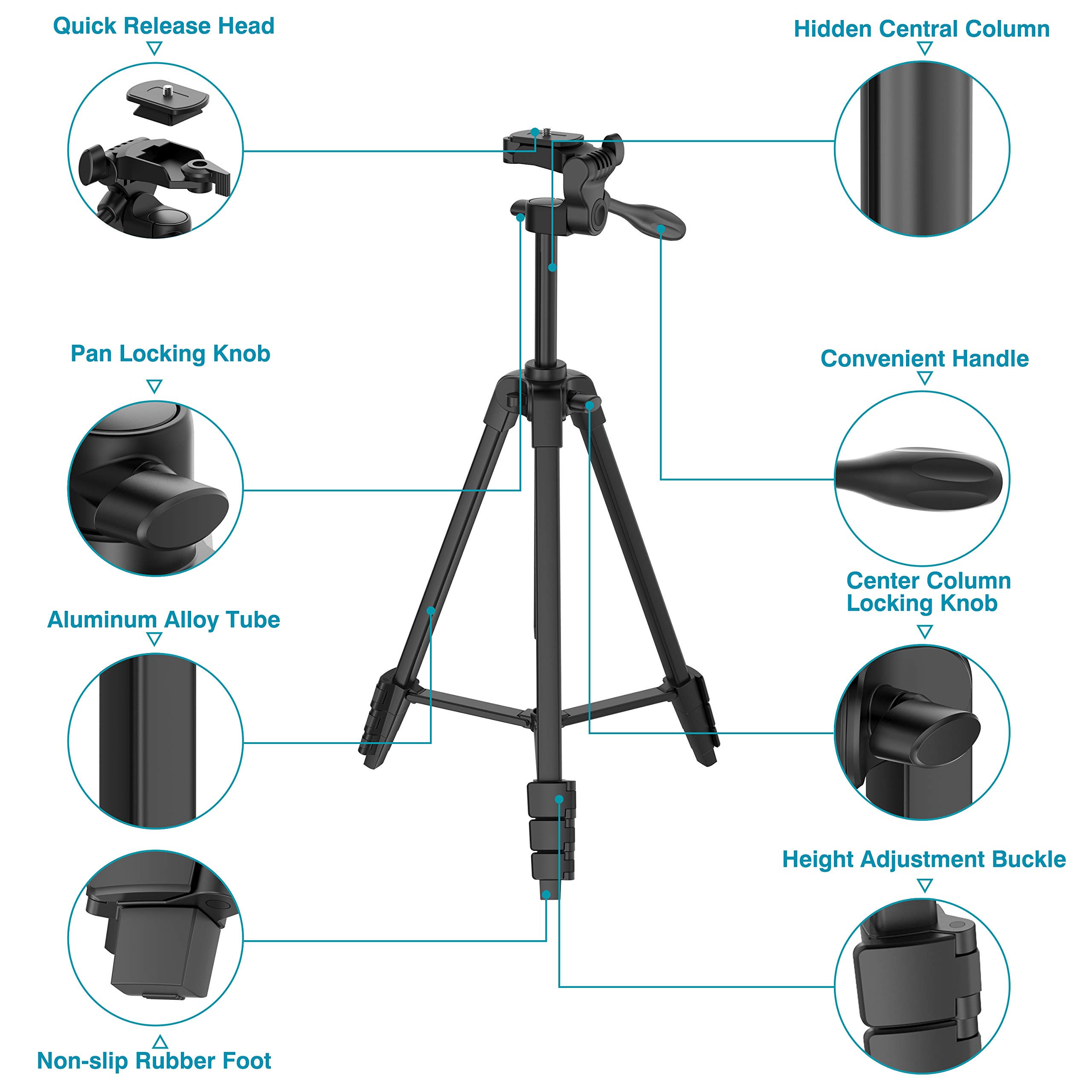 54" Phone Tripod Stand Extendable, Lightweight Aluminum Tripod for iPhone with Remote, Phone Holder for Live Stream & Selfies, Video Recording, Compatible with Phone/GoPro/Digital Cameras