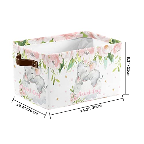 Elephant Pink Floral Custom Storage Basket ,Personalized Storage Bins Cubes Organizer with Handle for Bedroom Wardrobe,Nursery,Basket 1 Pack