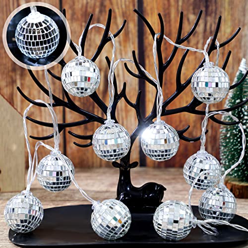 BBTO 10 LED Disco Ball String Lights Decorations Mirror Disco Ball Ornaments 70s Disco Party Supplies Mini Disco Balls Tree Ornament Light Battery Operated Disco Balls for Christmas (Silver White)