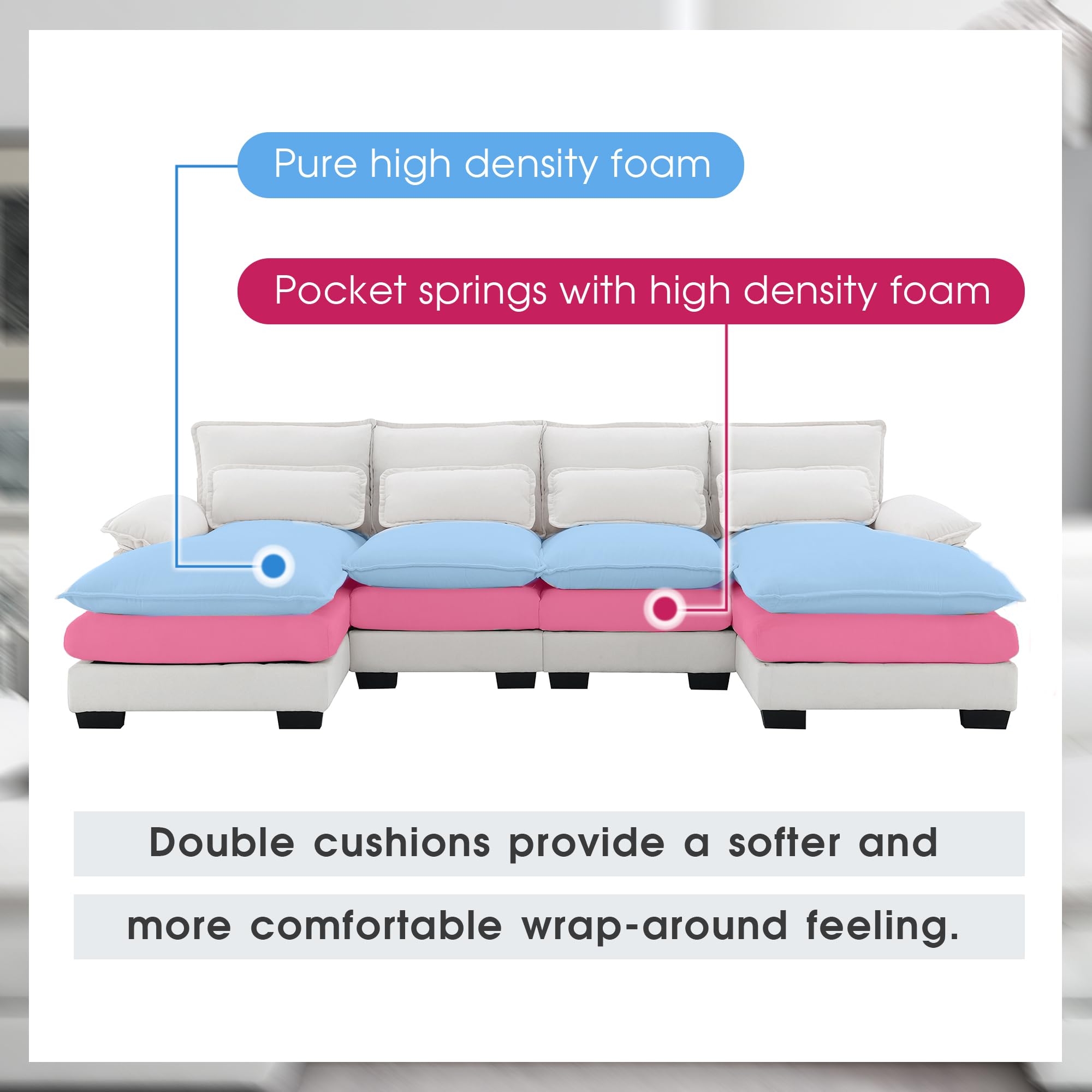 Merax Modern U Shaped Sectional Sofa, Symmetrical Sleeper Couch w/Waist Pillows & 2 Chaise Lounge, for Living Room, Apartment, White
