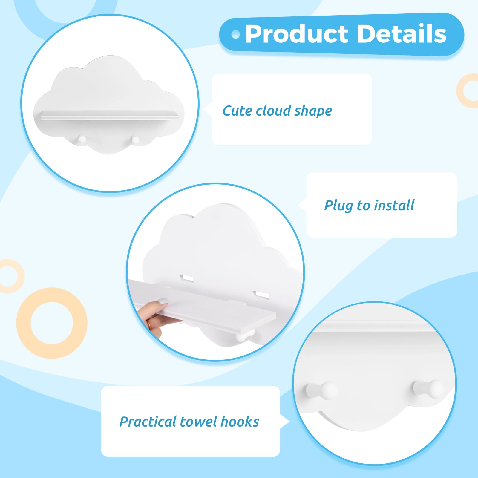 Tideme 3 PCS Wavy Cloud Wall Shelves, Cute Cloud Shelves Stands, Cute Simple Style Wall Shelf, Kawaii Room Wall Decor Wall Shelf Book Shelves for Wall Embellishment