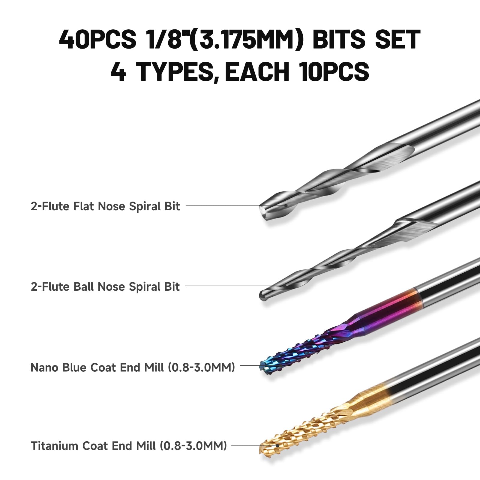 40pcs End Mills CNC Router Bits, 1/8 inch(3.175mm) Shank CNC Milling Carving Bit Set Including 2-Flute Flat & Ball Nose Spiral Bits, Nano Blue Coat & Titanium Coat End Mill, Suitable for ER 11 Collet