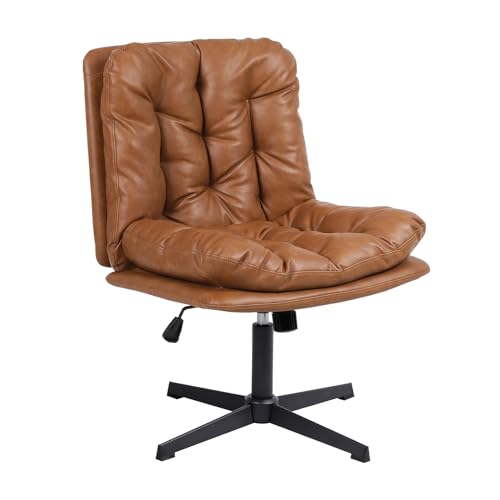 Chummaven High-Back Armless Home Office Chair No Wheels,Pu Leather Office Desk Chair Thick Swivel Rocking Vanity Chair Adjustable Computer Task Chair for Make Up,Small Space,Bedroom,Brown
