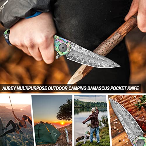 AUBEY Damascus Pocket Knife for Men Women, 3.23 inch Blade of EDC Hunting Knives with Abalone Shell Handle, Ball Bearing, Liner Lock - Sharp Damascus Steel Knife with Clip, Gift for Camping