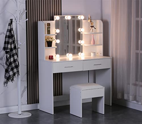 CIATRE White Elegant Vanity Set with 10 LED Light Bulbs, Cushioned Stool, and Ample Storage - Perfect for Makeup and Organization