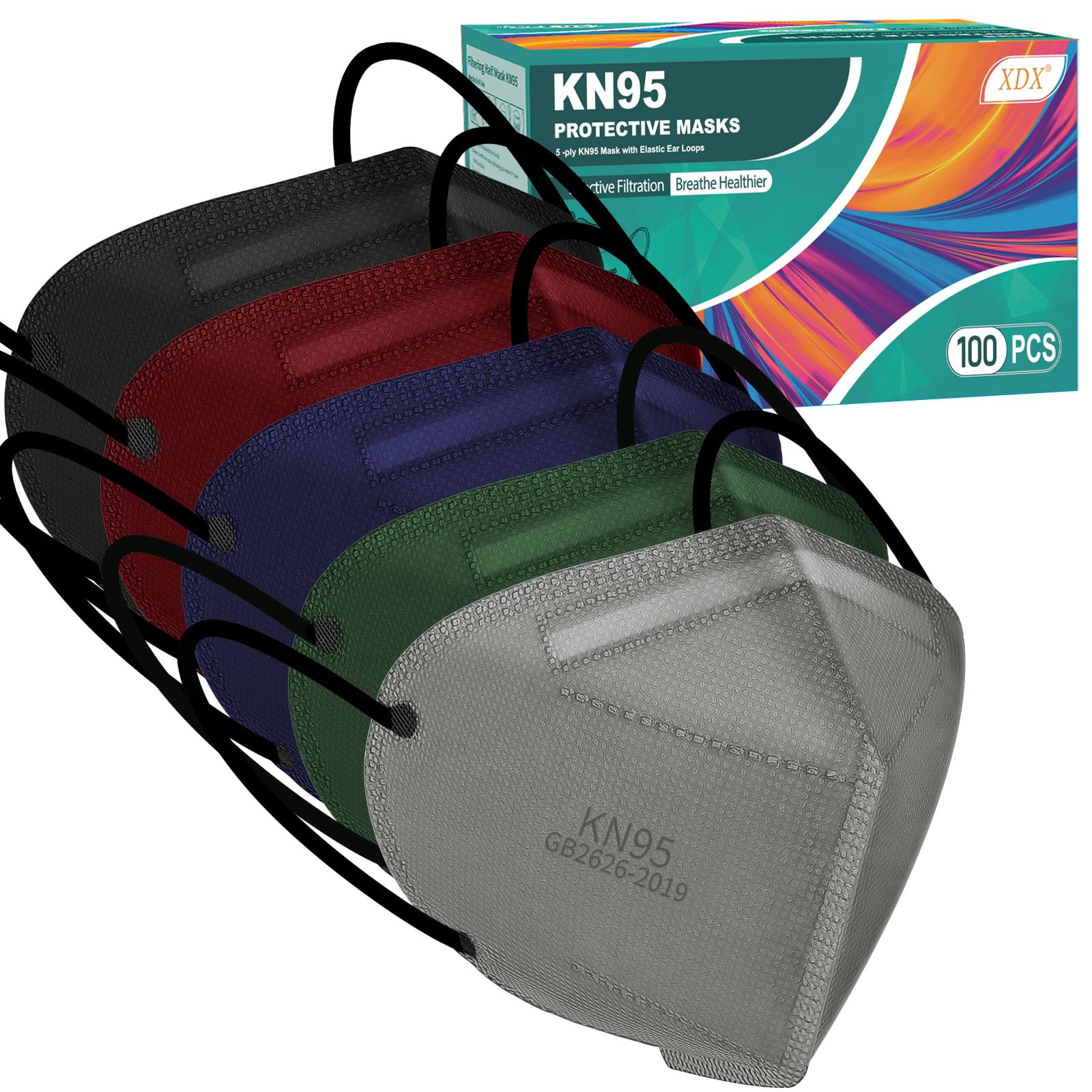 XDX KN95 Face Masks, 100 Packs Individually Wrapped Multicolor Face Masks for Men and Women, 5 Layers Comfortable Masks Disposable, Filter Efficiency ≥95%