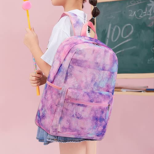 CAMTOP Mesh Backpack for Kids Girls Semi-Transparent See Through Sturdy School Bookbag Casual Daypack for Beach Swim Work Gym (Tie Dye Pink)